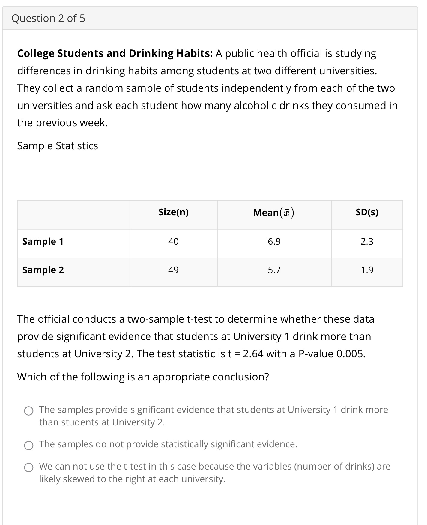 Solved College Students and Drinking Habits: A public health | Chegg.com