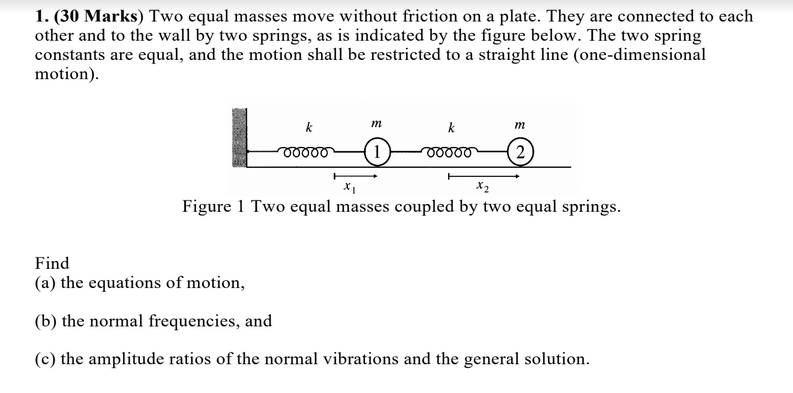 Solved 1. (30 Marks) Two equal masses move without friction | Chegg.com