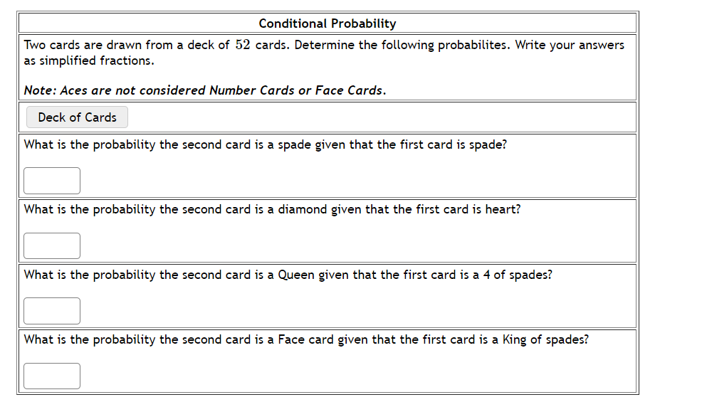 Solved Conditional Probability Two cards are drawn from a | Chegg.com