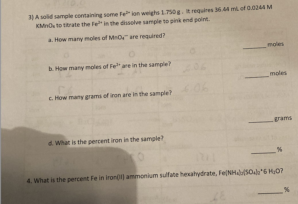 Solved 3) A solid sample containing some Fe2+ ion weighs | Chegg.com