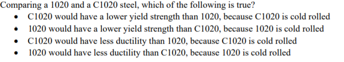 Solved Comparing a 1020 and a C1020 steel, which of the | Chegg.com