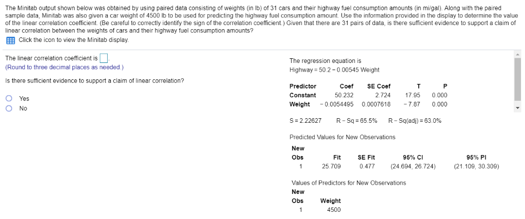 Solved The Minitab output shown below was obtained by using | Chegg.com