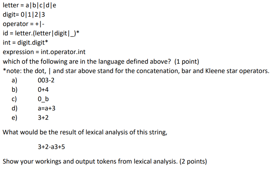 Solved letter = a b c dle digit= 0[1|2|3 operator = +1- id = | Chegg.com