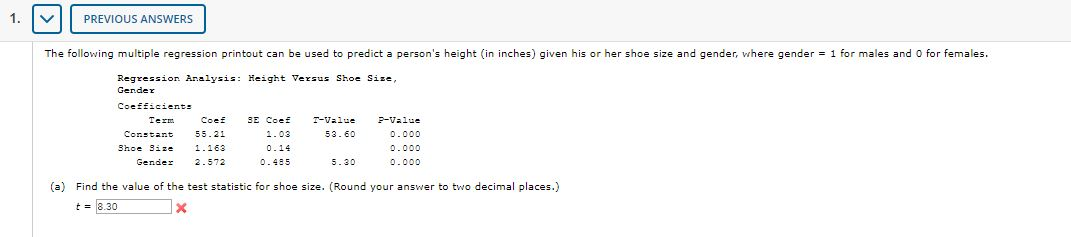 Solved PREVIOUS ANSWERS The following multiple regression | Chegg.com