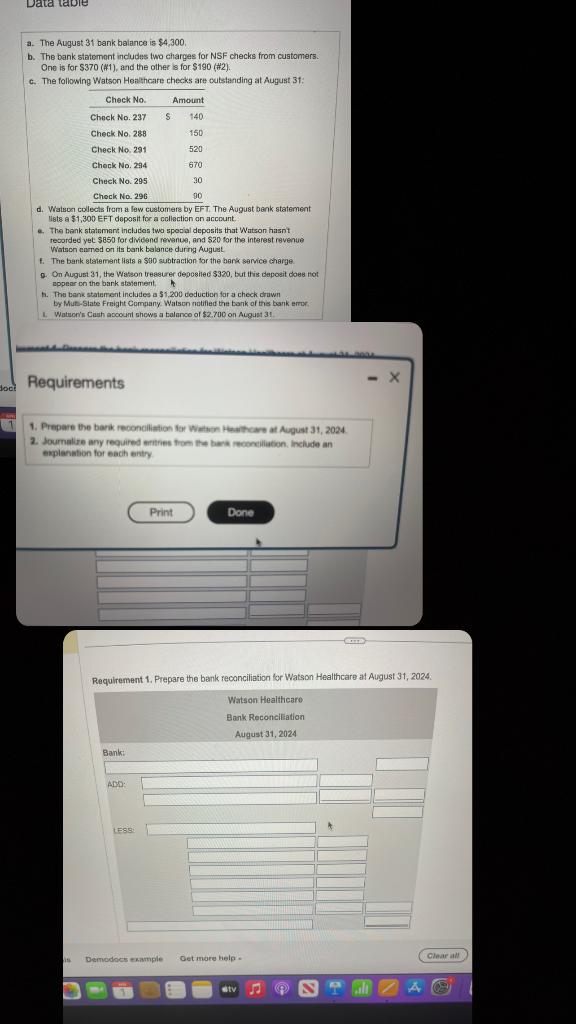 Solved a. The August 31 bank balance is $4,300. b. The bank | Chegg.com