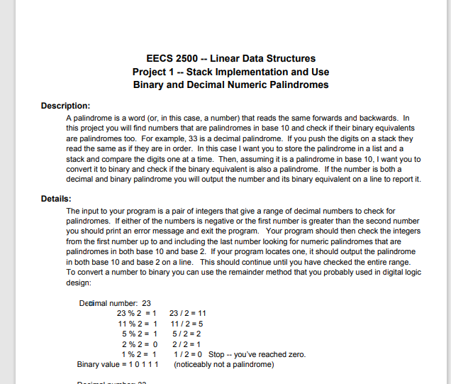 Solved EECS 2500 -- Linear Data Structures Project 1 -- | Chegg.com