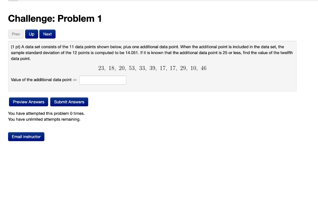 Solved Challenge: Problem 1 Prev Up Next (1 pt) A data set | Chegg.com