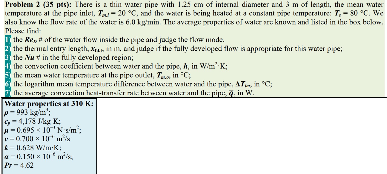 Solved Problem 2 (35 pts): There is a thin water pipe with | Chegg.com