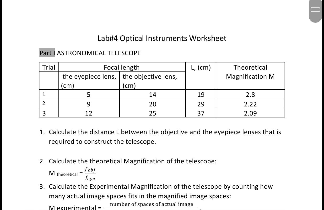 Solved = Lab#4 Optical Instruments Worksheet Part I | Chegg.com