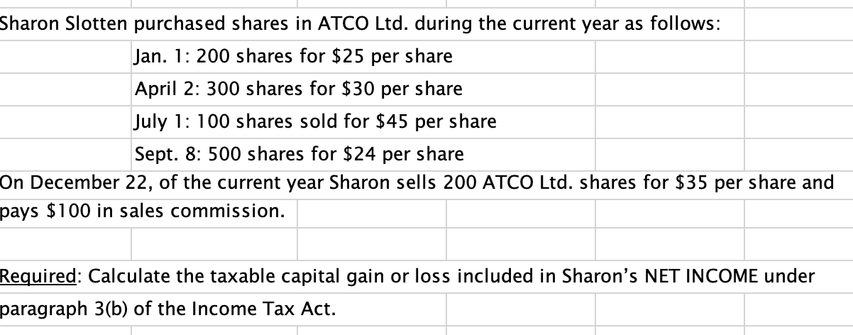 Solved Sharon Slotten purchased shares in ATCO Ltd. during | Chegg.com