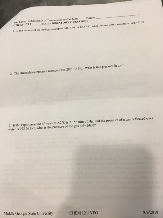 Solved Gas Laws: CHEM 1211 of Temperature and Volume Na | Chegg.com