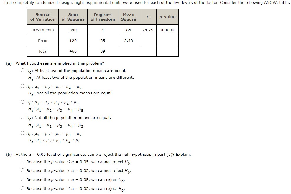 Solved In a completely randomized design, eight experimental | Chegg.com