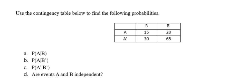 Solved Use the contingency table below to find the following | Chegg.com