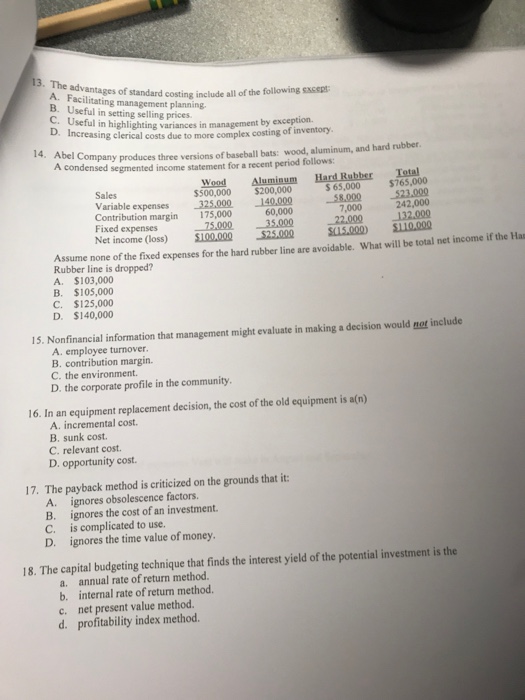 Solved 13. The advantages of standard costing include all of | Chegg.com