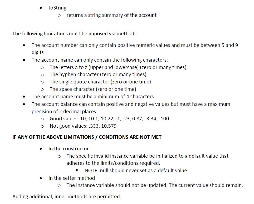 Solved Java Question. Account Class Create the necessary | Chegg.com