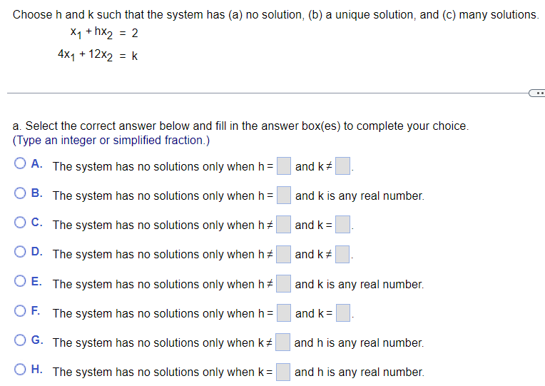 Solved x1+hx24x1+12x2=2=k Select the correct answer below | Chegg.com