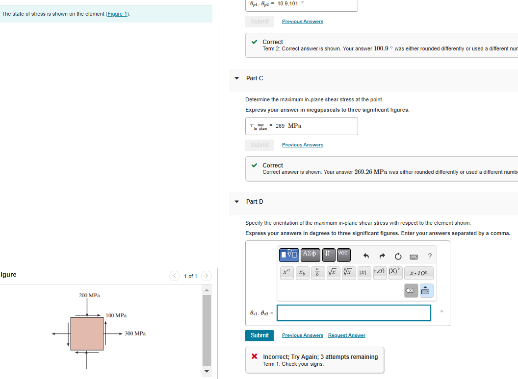 Solved The state of stress is shown on the element Correct | Chegg.com