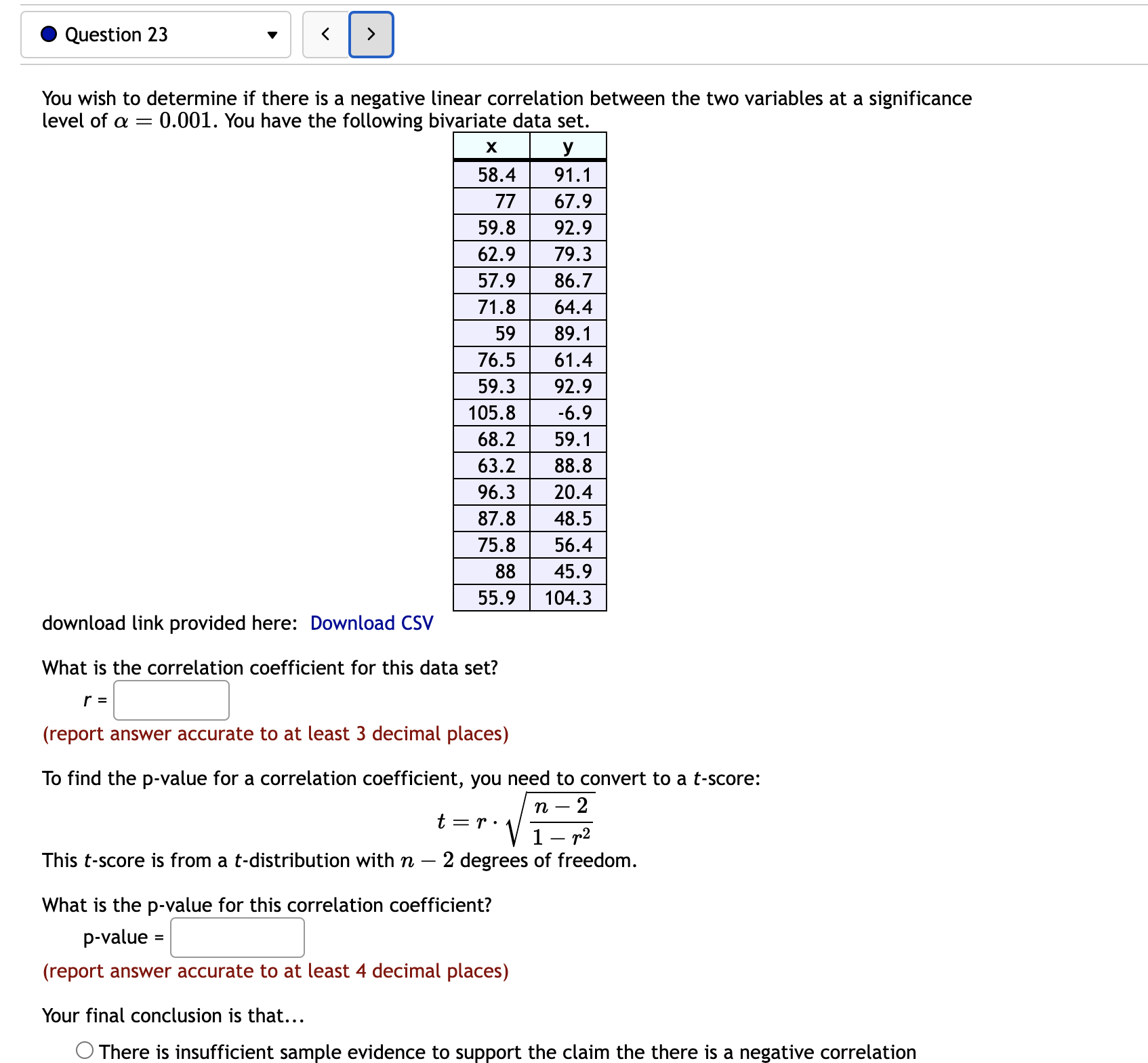 Solved You wish to determine if there is a negative linear | Chegg.com