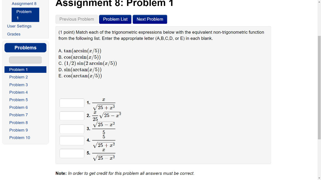 Solved (1 point) Match each of the trigonometric expressions | Chegg.com