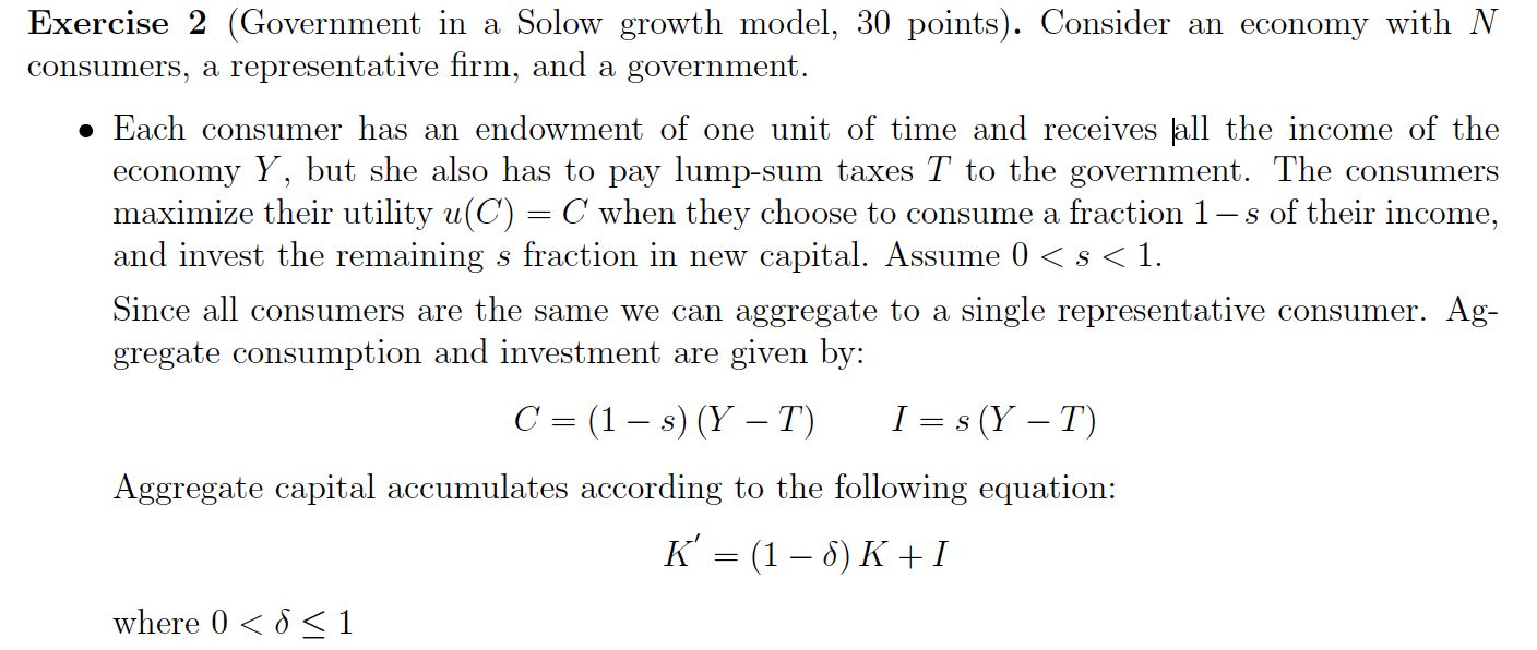 Exercise 2 (Government in a Solow growth model, 30 | Chegg.com