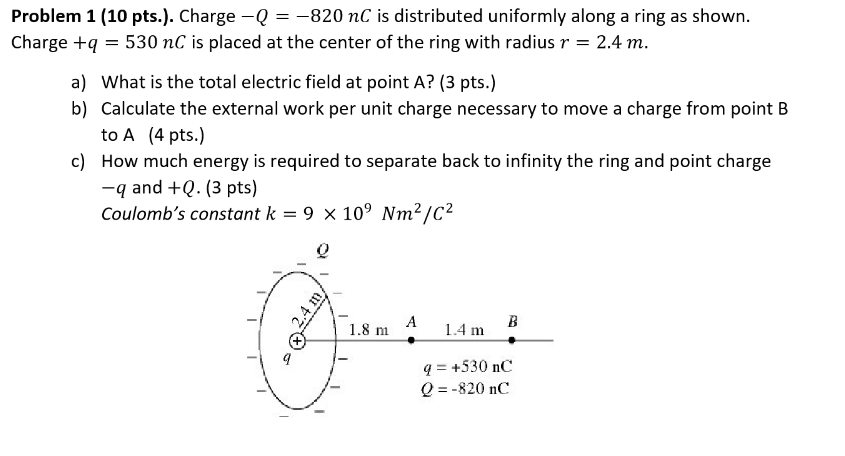 Solved Problem 1 ( 10 pts.). Charge −Q=−820nC is distributed | Chegg.com