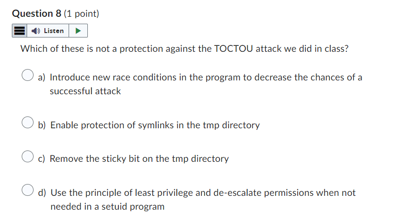 Solved Which of these is not a protection against the TOCTOU | Chegg.com