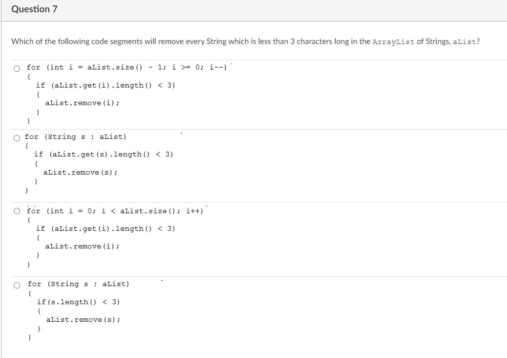 Solved Which of the following code segments will remove | Chegg.com