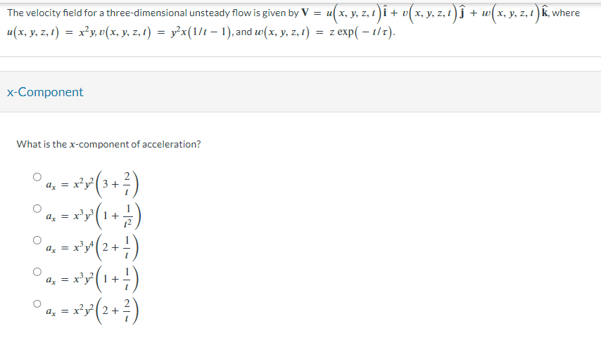 Solved The velocity field for a three-dimensional unsteady | Chegg.com