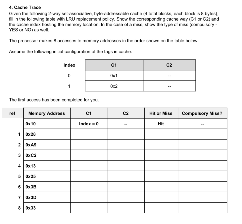 4. Cache Trace Given the following 2-way | Chegg.com