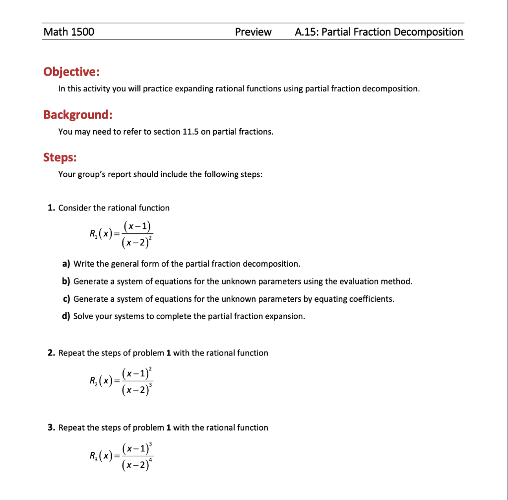 Solved Math 1500 A.15: Partial Fraction Decomposition | Chegg.com