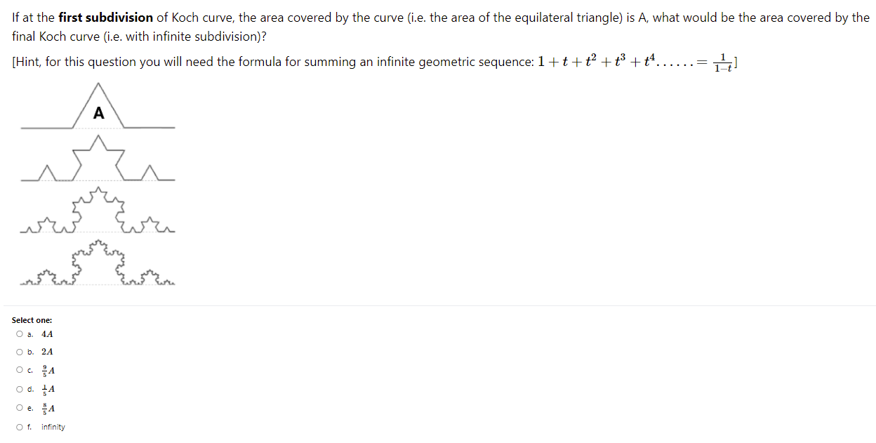 Solved If at the first subdivision of Koch curve, the area | Chegg.com