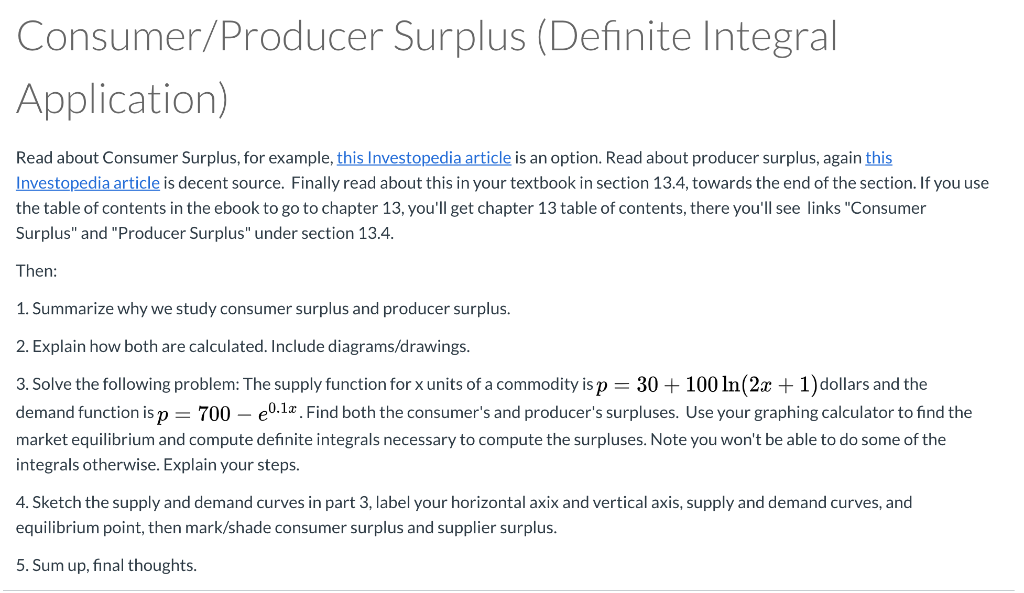 Consumer/Producer Surplus (Definite Integral | Chegg.com