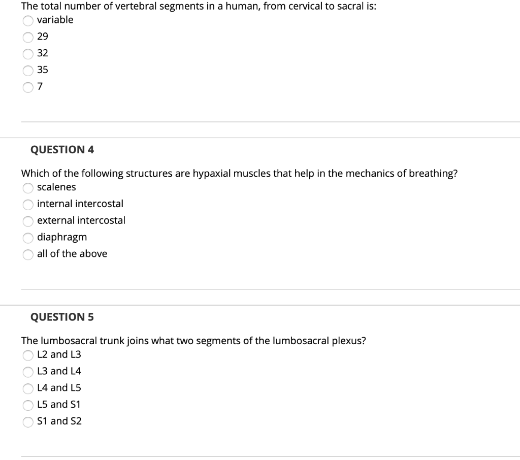 Solved The total number of vertebral segments in a human, | Chegg.com