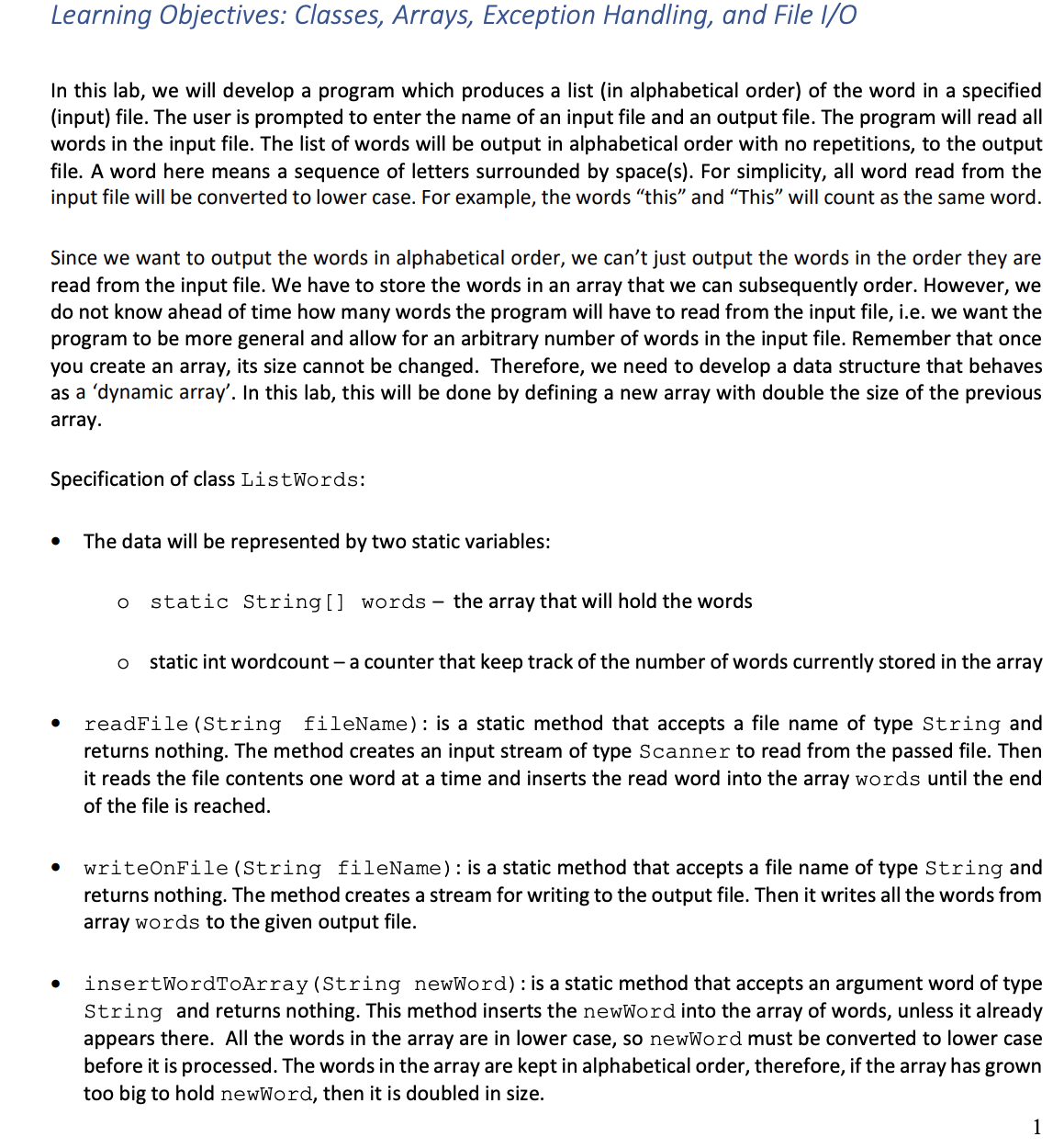 Solved Learning Objectives: Classes, Arrays, Exception | Chegg.com