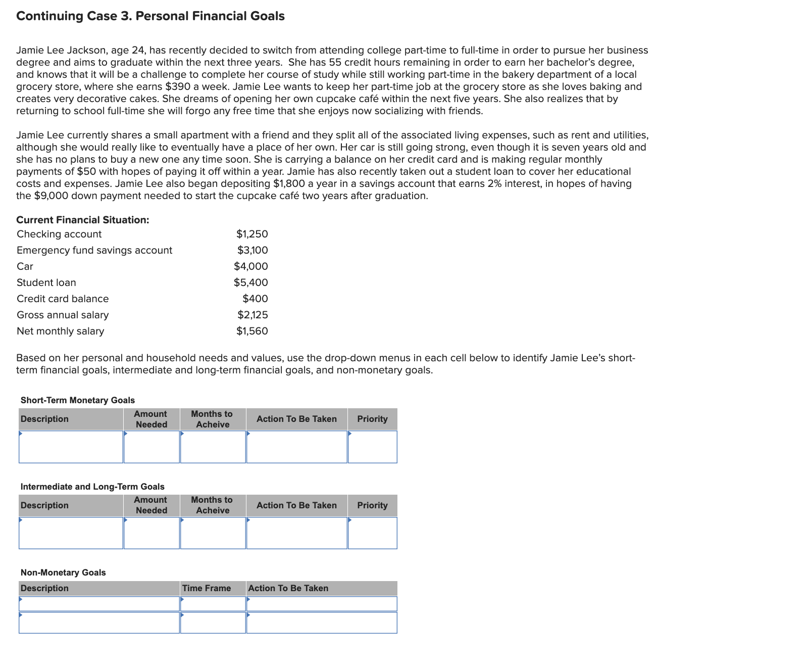 Continuing Case 3. Personal Financial Goals Jamie Lee | Chegg.com