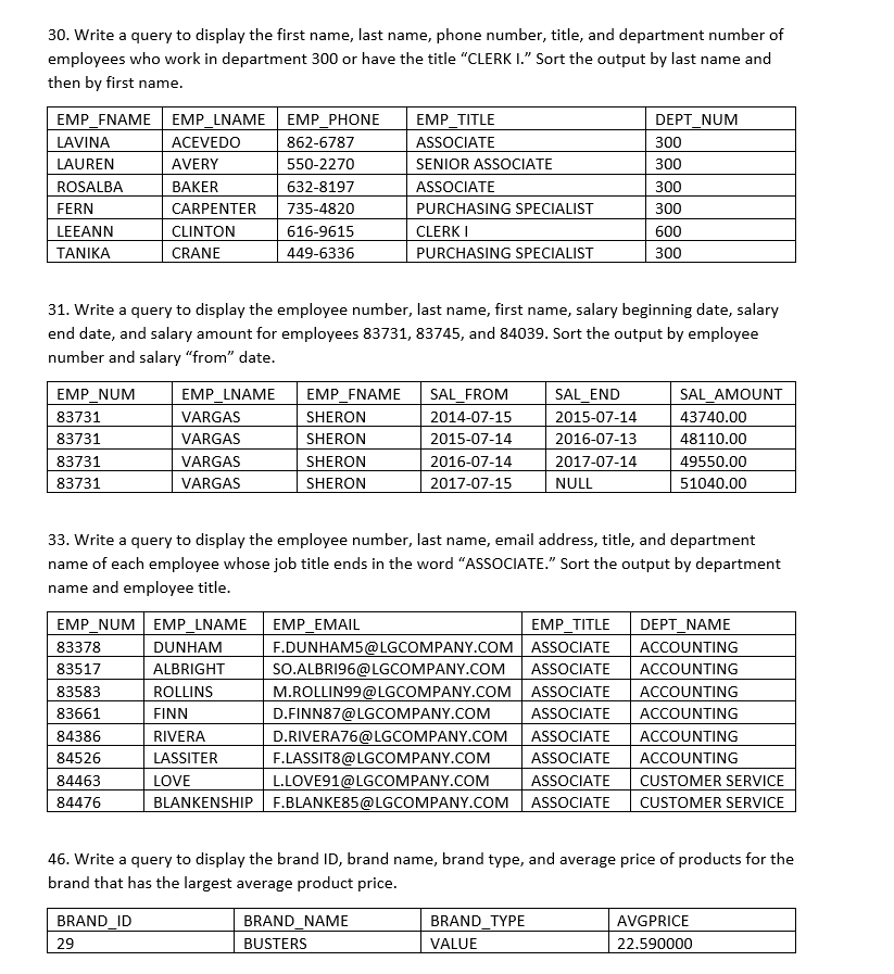 Solved 30. Write a query to display the first name, last | Chegg.com