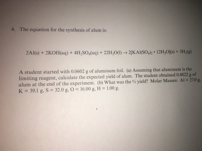 Solved The equation for the synthesis of alum is: 2Al(s) + | Chegg.com