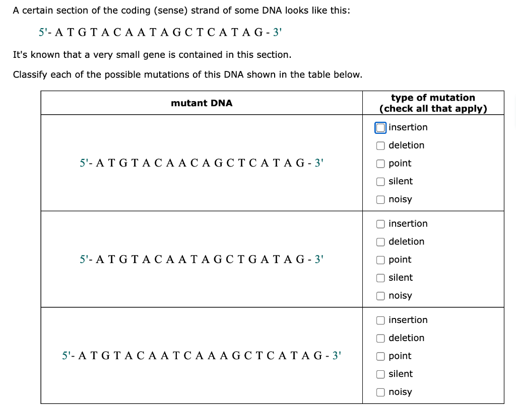 Solved Classify each of the possible mutations of this DNA | Chegg.com