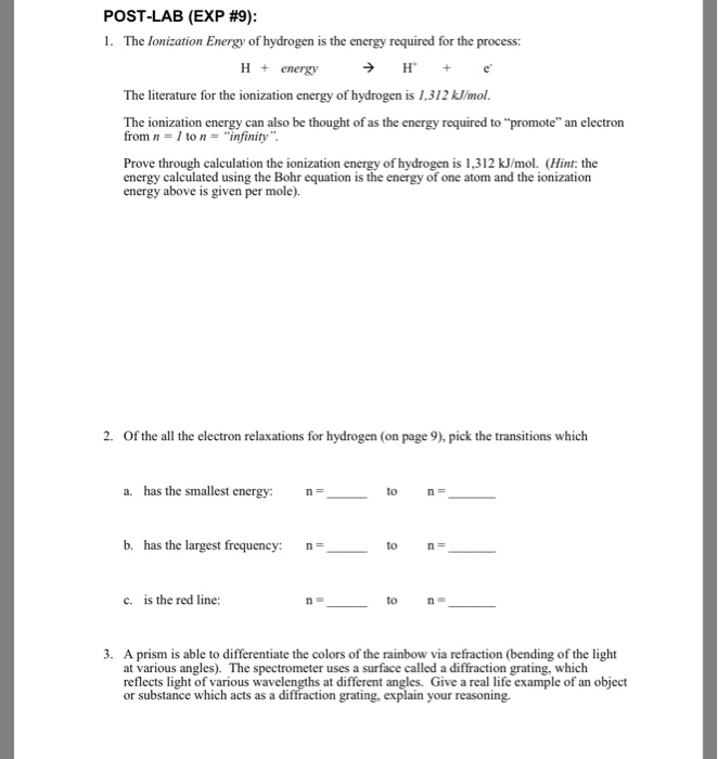 Solved POST-LAB (EXP #9) 1. The Ionization Energy of | Chegg.com