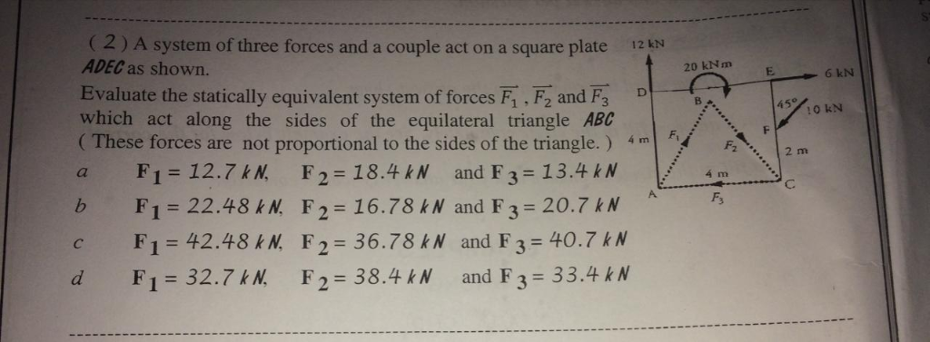 Solved (2)A system of three forces and a couple act on a | Chegg.com