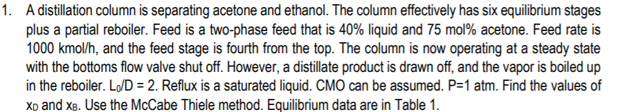 Solved 1. A distillation column is separating acetone and | Chegg.com