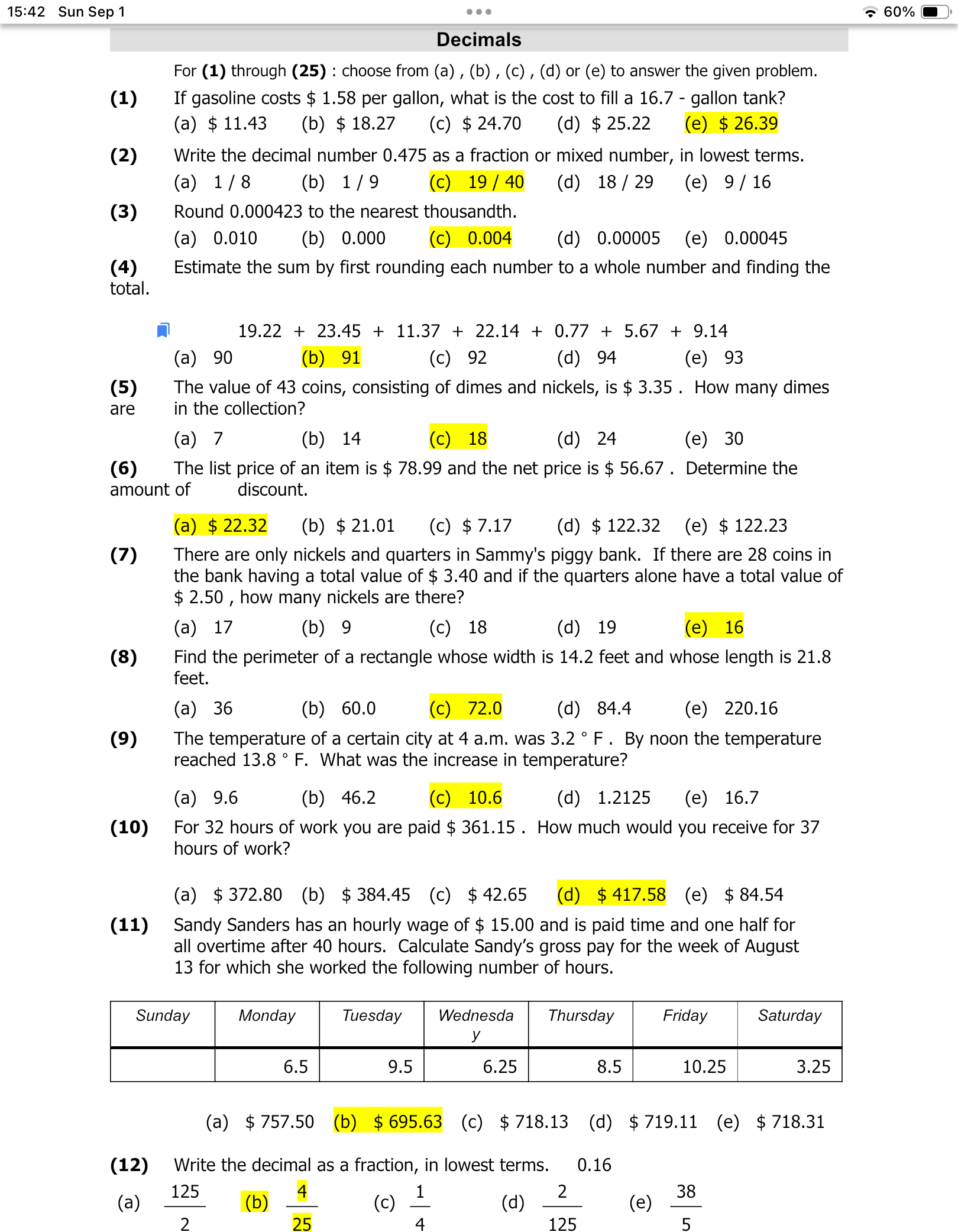 Solved DecimalsFor (1) ﻿through (25) ﻿: choose from | Chegg.com