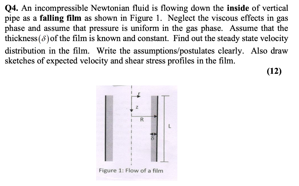 Solved Q4. An incompressible Newtonian fluid is flowing down | Chegg.com