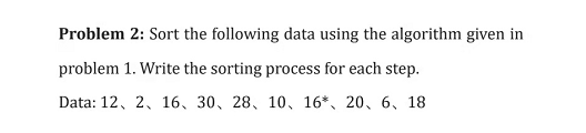 Solved Problem 2: Sort the following data using the | Chegg.com