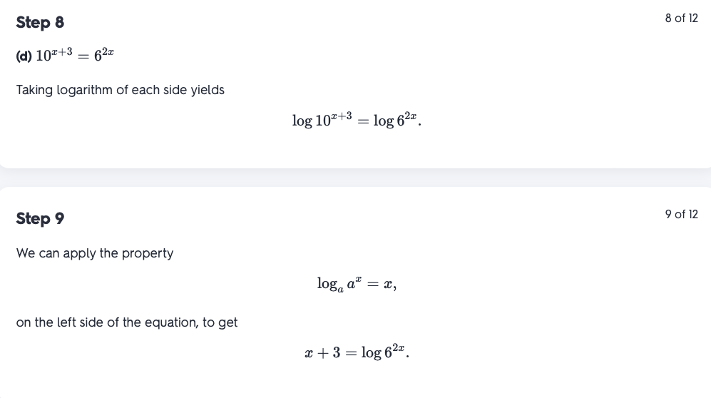 Solved (d) 10x+3=62x Taking logarithm of each side yields | Chegg.com