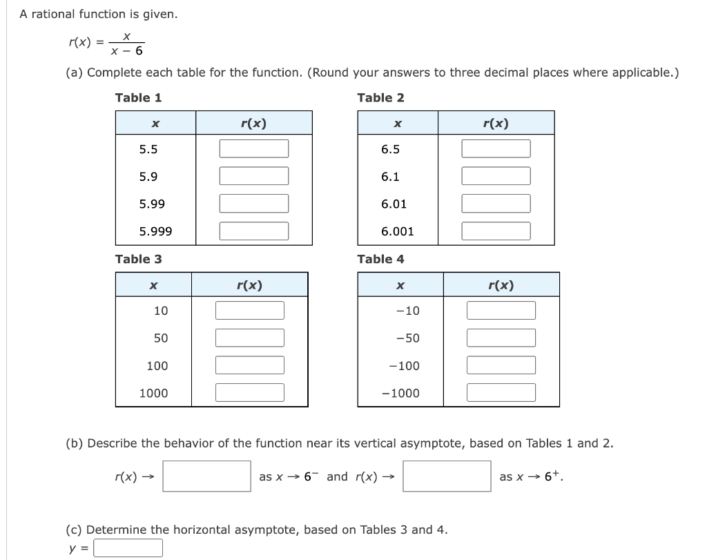 Solved A rational function is given. r(x)=x−6x (a) Complete | Chegg.com