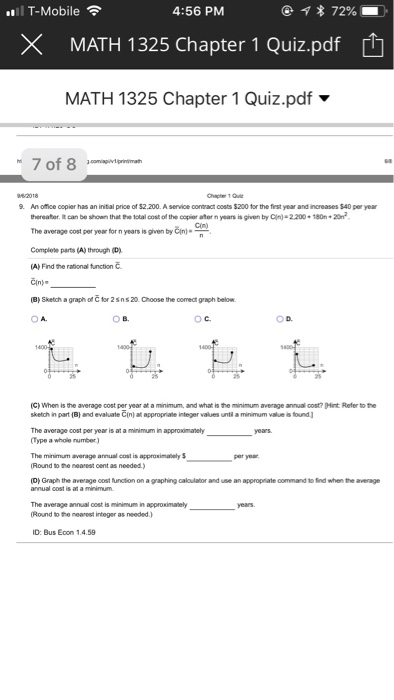 Solved T-Mobile 4:56 PM MATH 1325 Chapter 1 Quiz.pdf T MATH | Chegg.com