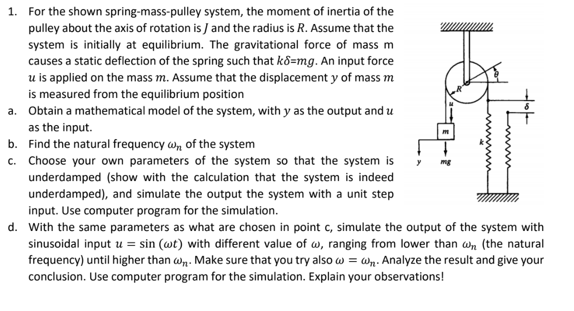 Solved For the shown spring-mass-pulley system, the moment | Chegg.com