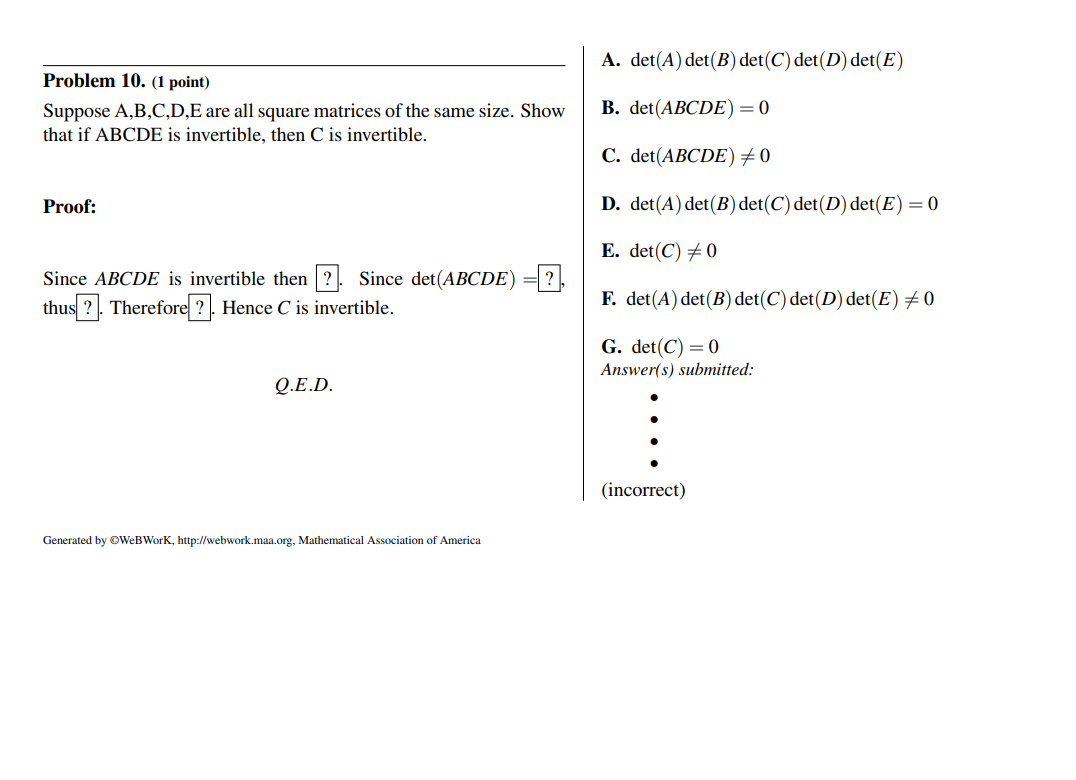 Solved Problem 10. (1 point) Suppose A,B,C,D,E are all | Chegg.com