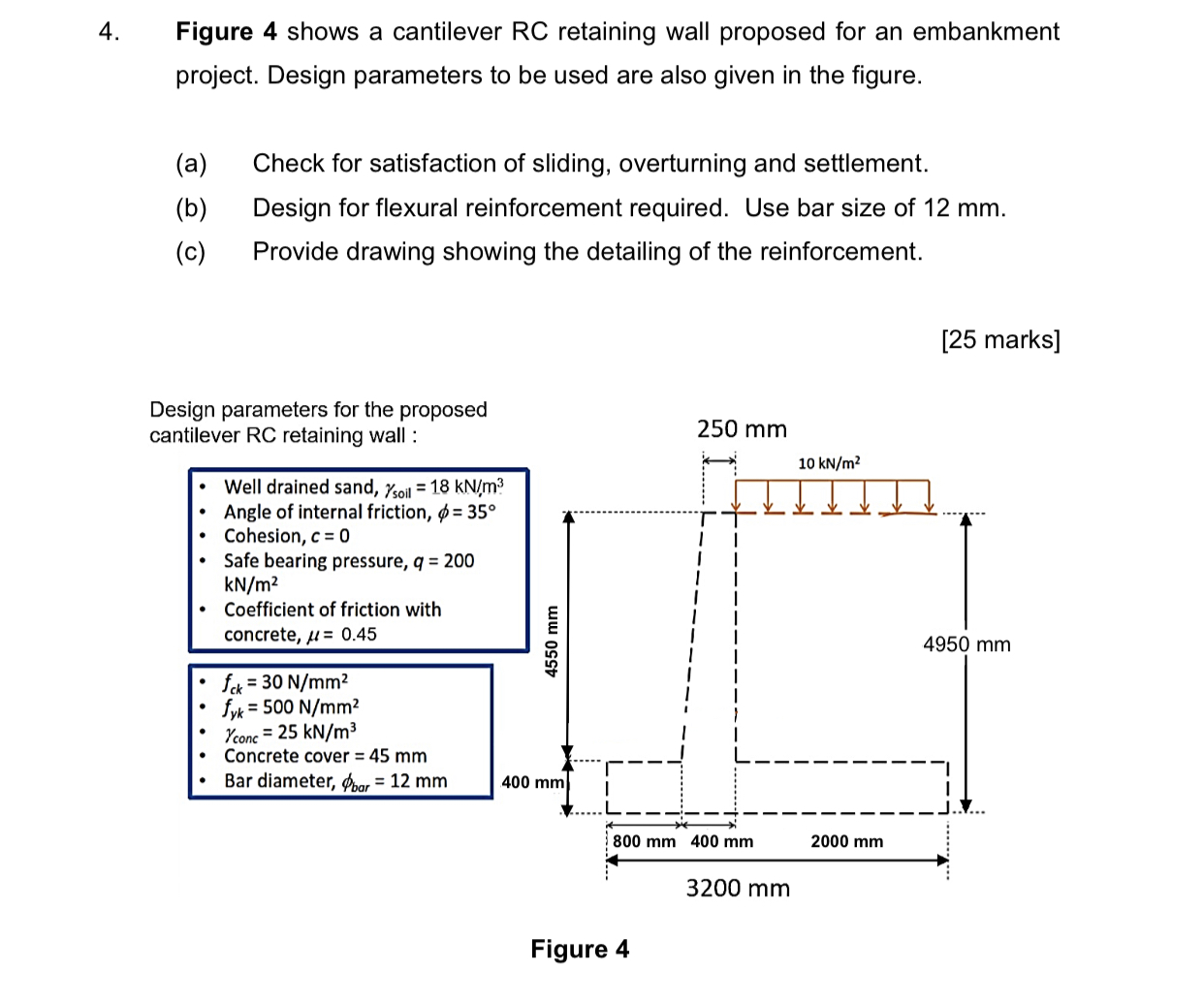 Figure 4 shows a cantilever RC retaining wall | Chegg.com
